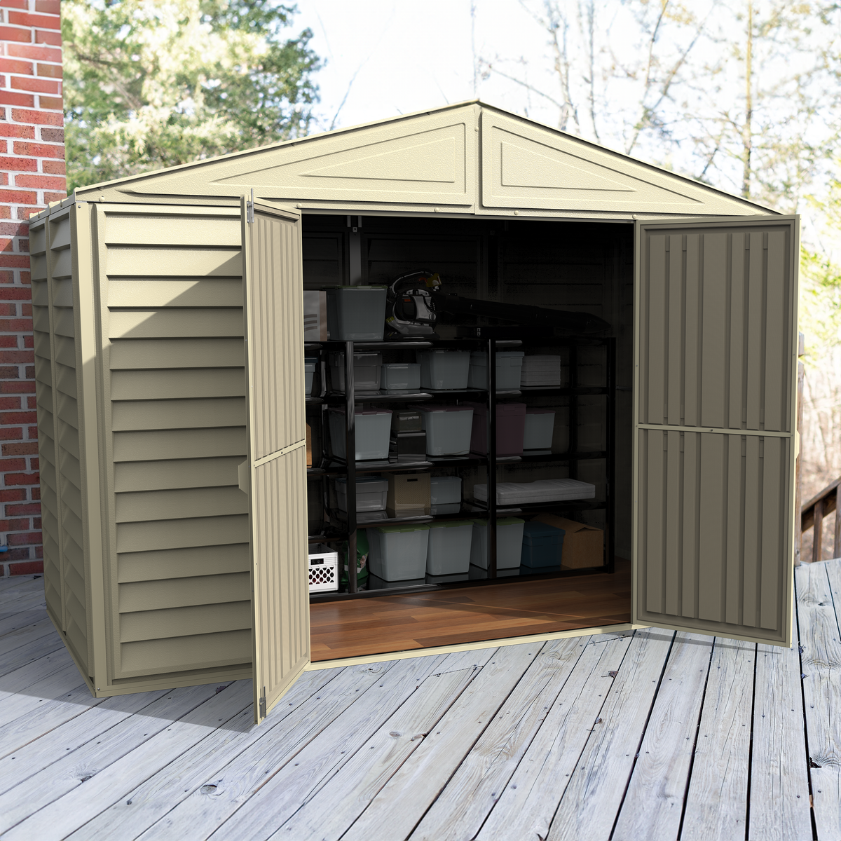DuraMax 10.5ft x 5ft Woodbridge Vinyl Shed with Foundation Kit – Durasheds