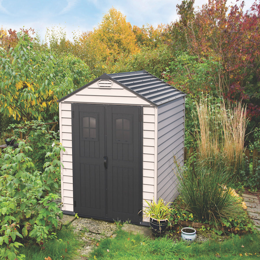 DuraMax 7ft x 7ft StoreMax Plus Vinyl Shed with Molded Floor – Durasheds