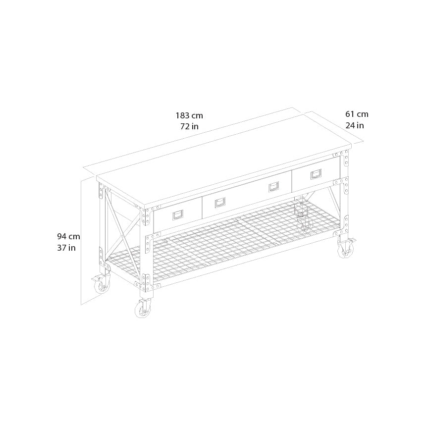 Duramax Rolling Industrial Workbench 72 In x 24 In. 3 Drawer with Wood ...